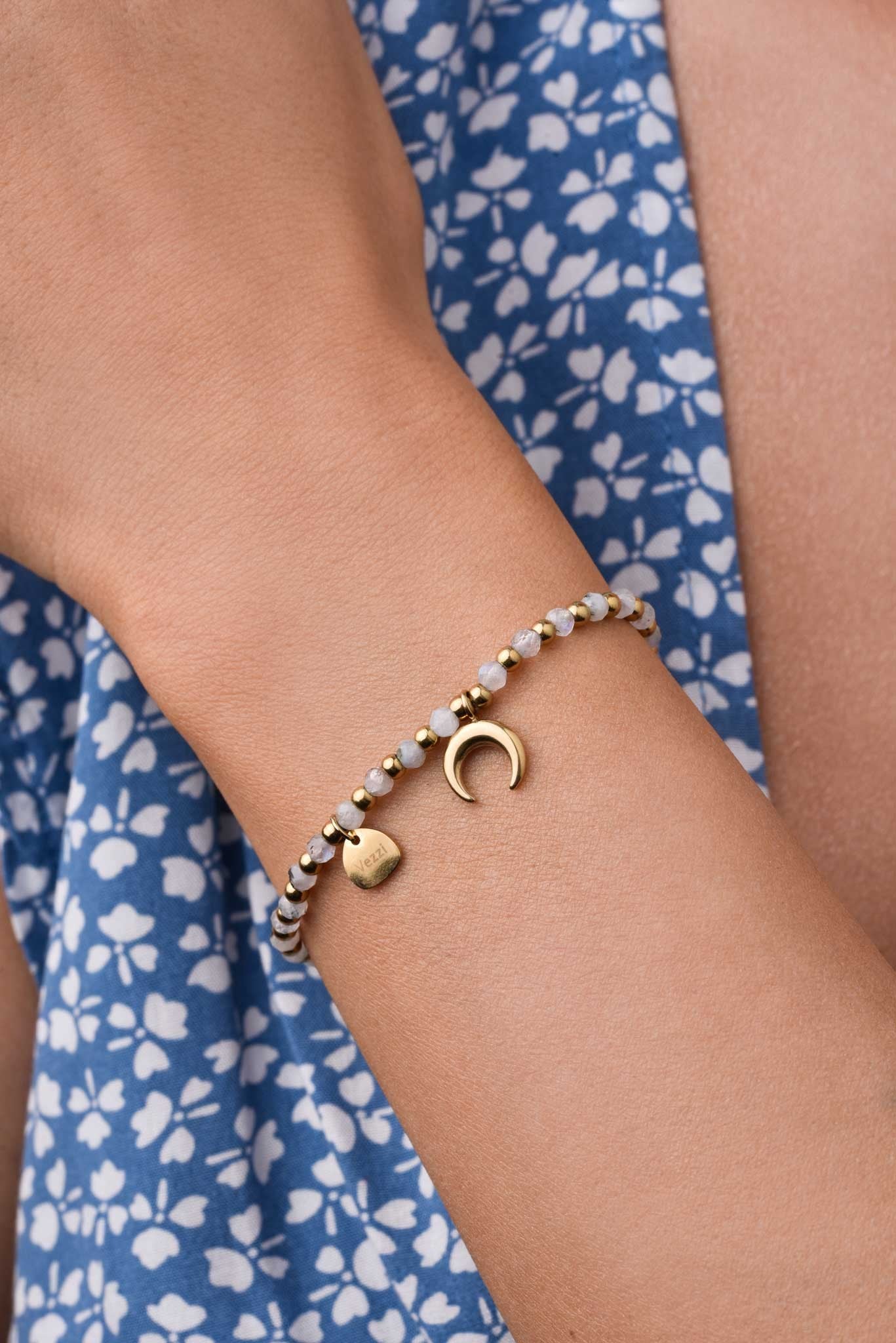 Elastic Stainless Steel and Moon Stone Bracelet with Moon Pendant – La ...